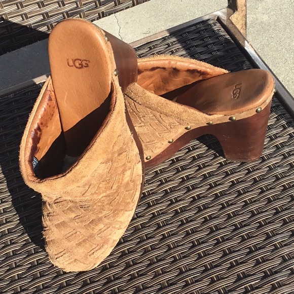 UGG | Shoes | Tan Light Brown Suede Wooden Heeled Platform Clog Mules 4 ...
